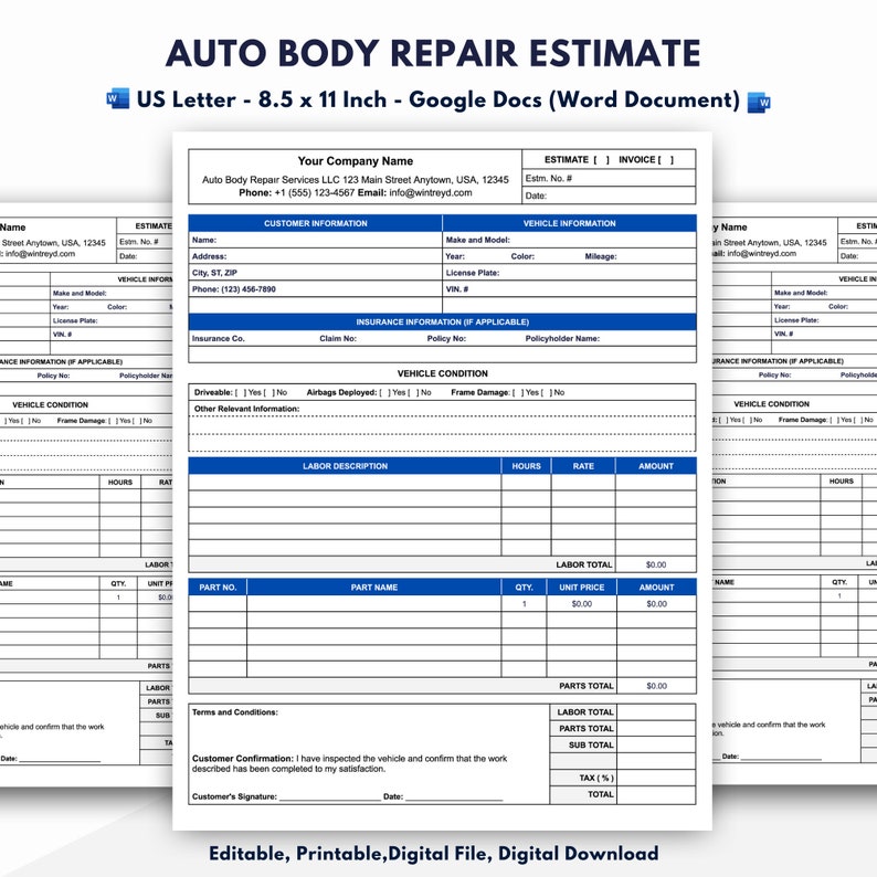Auto Body Repair Estimate Template: Editable Form (google Docs) - Etsy