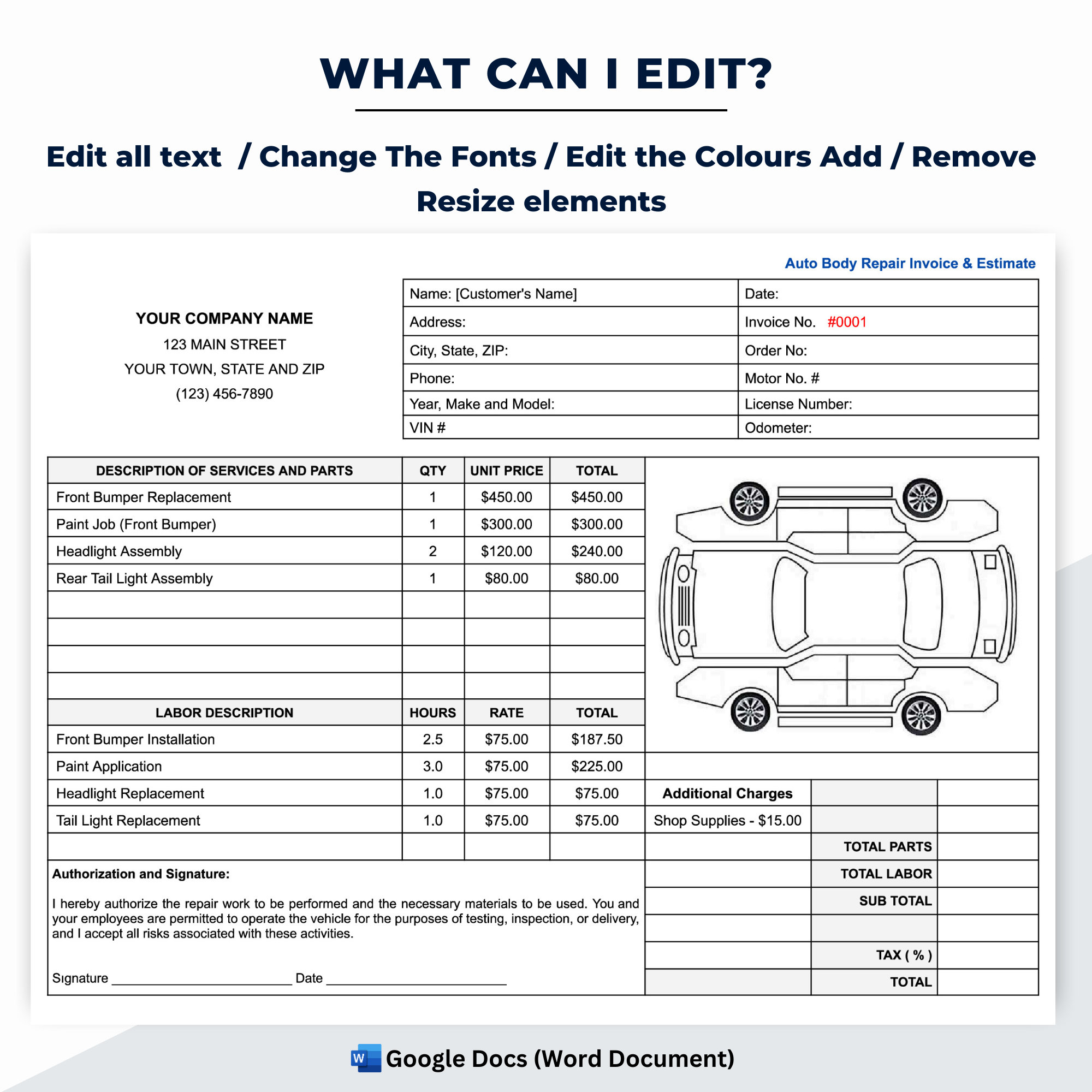 Auto Body Repair Invoice Template, Estimate and Invoice Form - Etsy