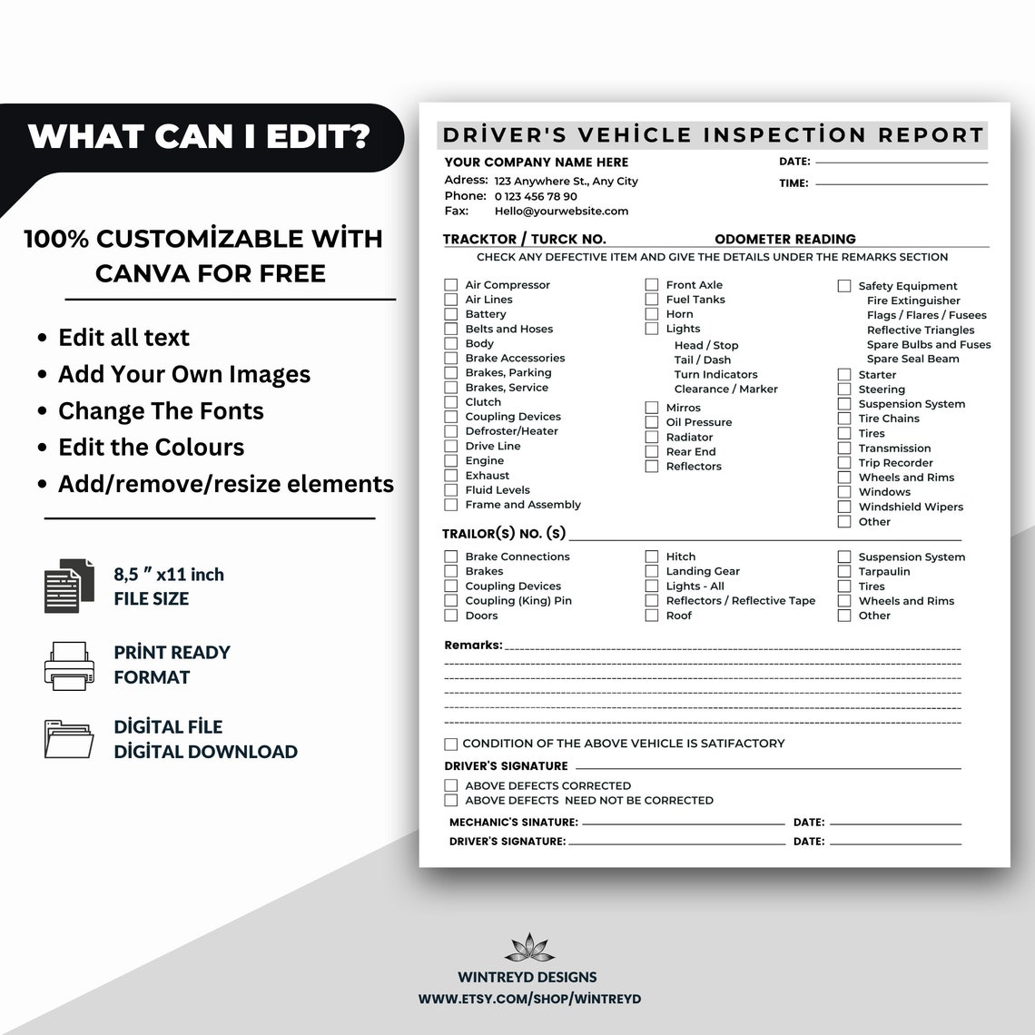 Driver's Vehicle Inspection Report Template, Detailed Driver's Vehicle ...