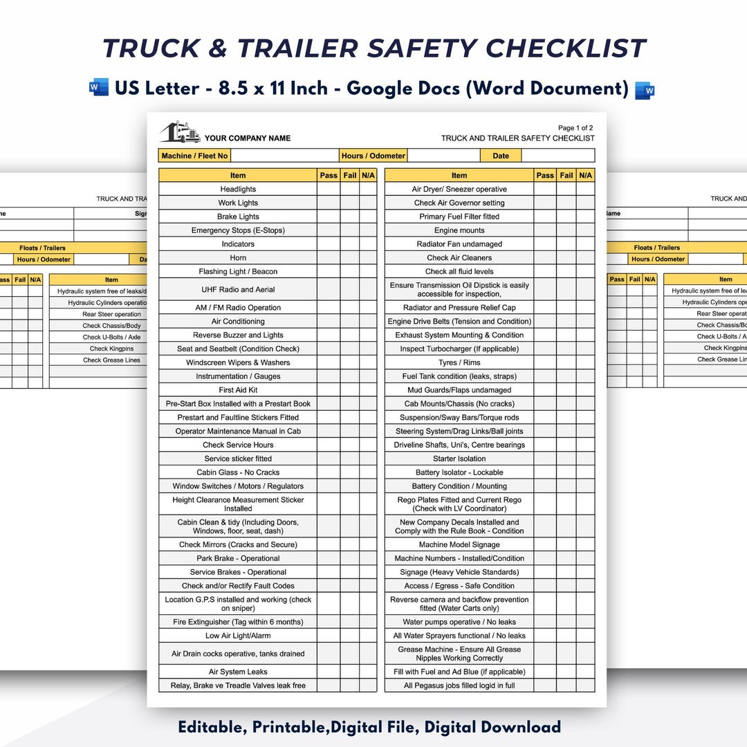 Truck and Trailer Safety Checklist Template, Google Docs (word Document ...
