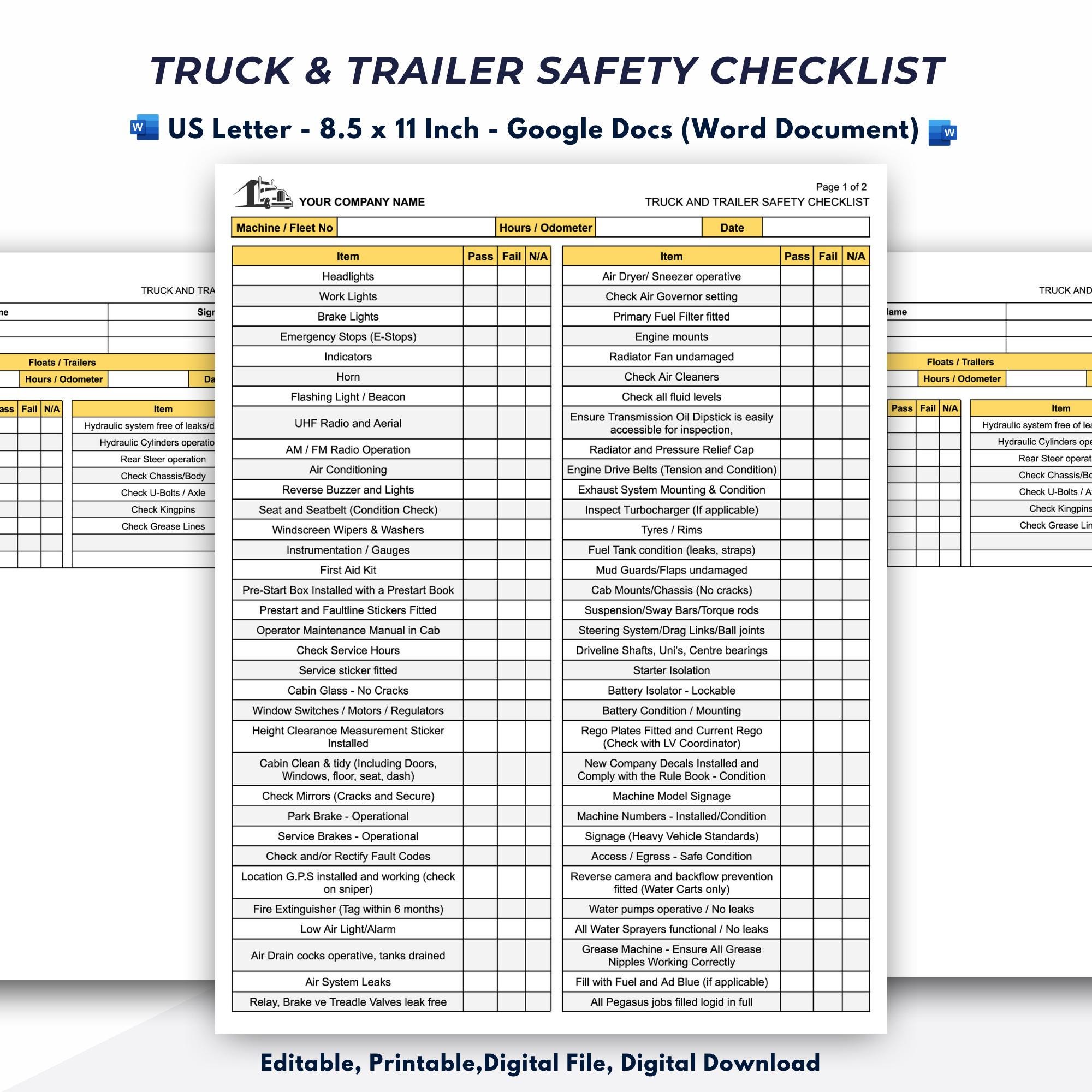 Truck and Trailer Safety Checklist Template, Google Docs (word Document ...