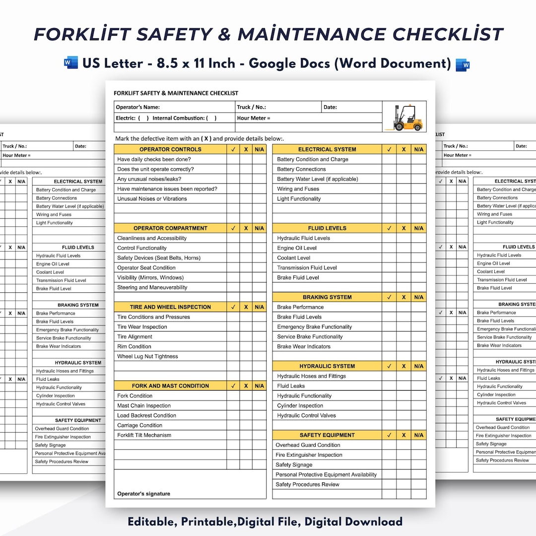 Forklift Safety & Maintenance Checklist Template, Google Docs (word ...