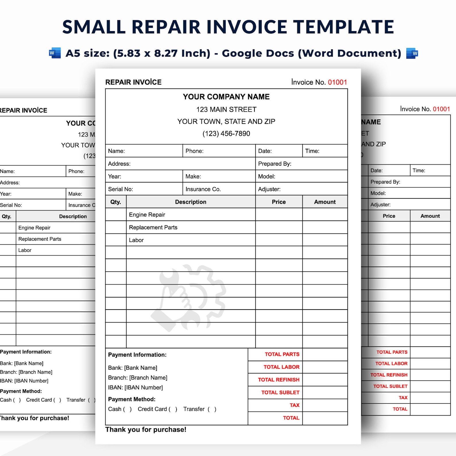 Small Repair Invoice Template , Google Docs (word Document) - Etsy