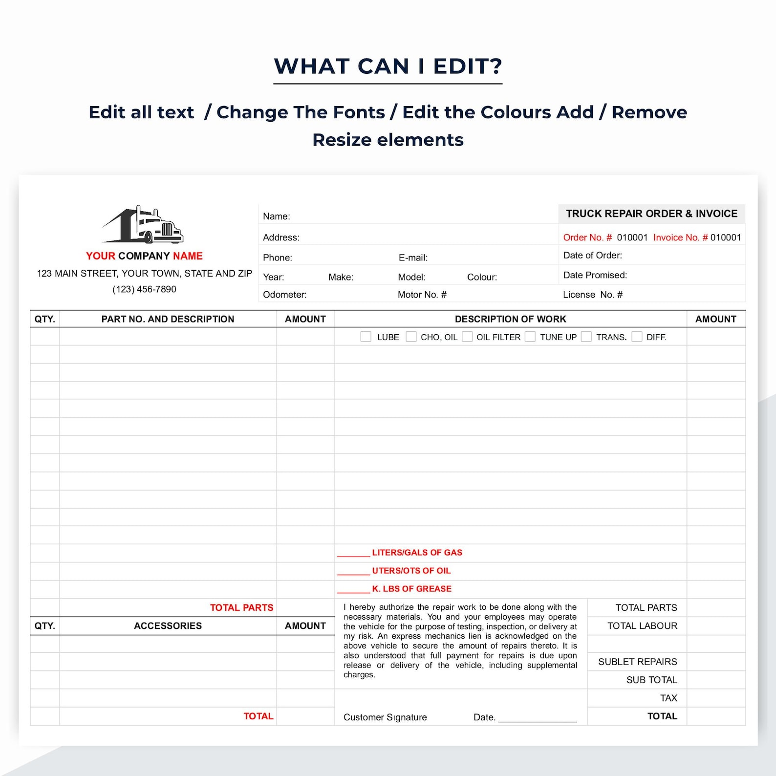 Truck Repair Order Form, Estimate and Invoice Template, Google Docs ...
