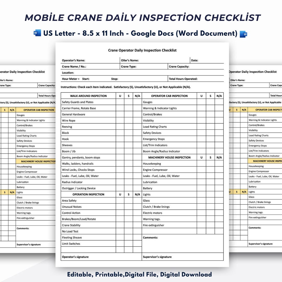 Mobile Crane Daily Inspection Checklist (printable PDF & Google Docs ...