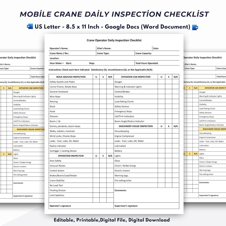 Mobile Crane Daily Inspection Checklist (printable PDF & Google Docs ...