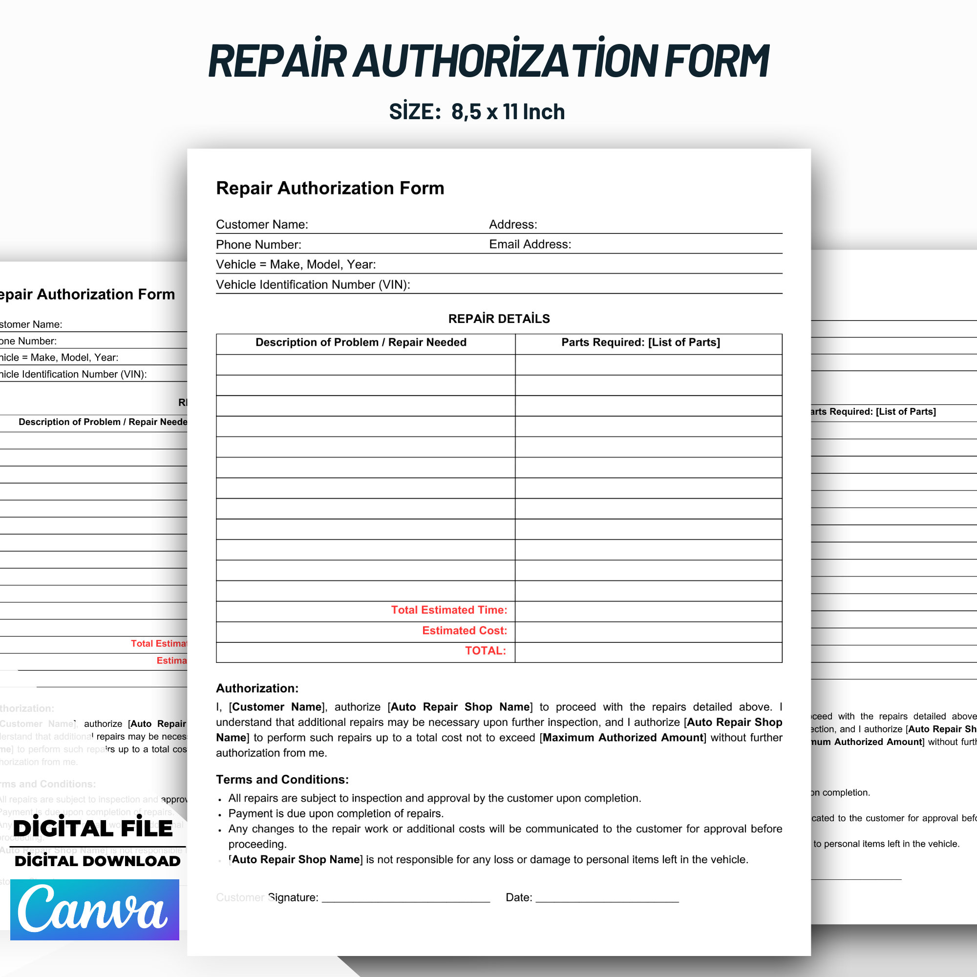 Repair Authorization Form Template, Editable Automotive Service Consent ...