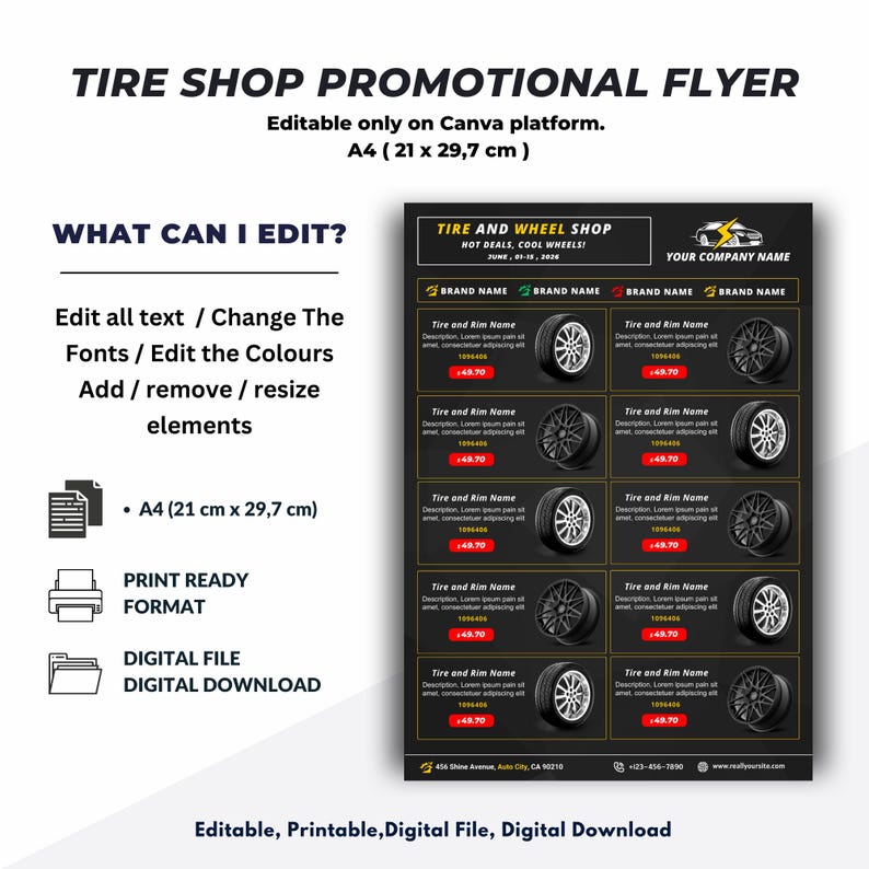 Tire Shop Promotional Flyer, Tire Service Center Flyer, Editable ...