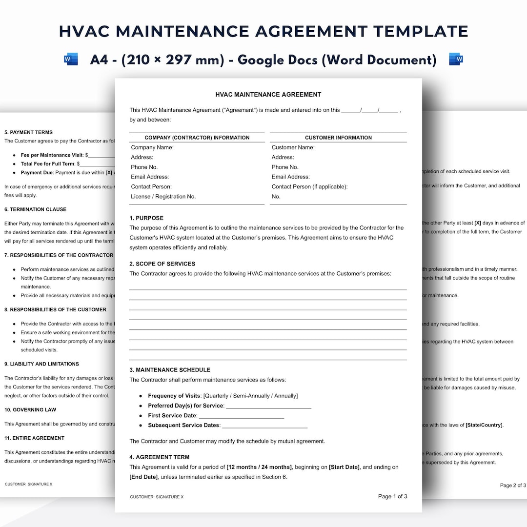 HVAC Maintenance Agreement Template, HVAC Service Contract - Etsy