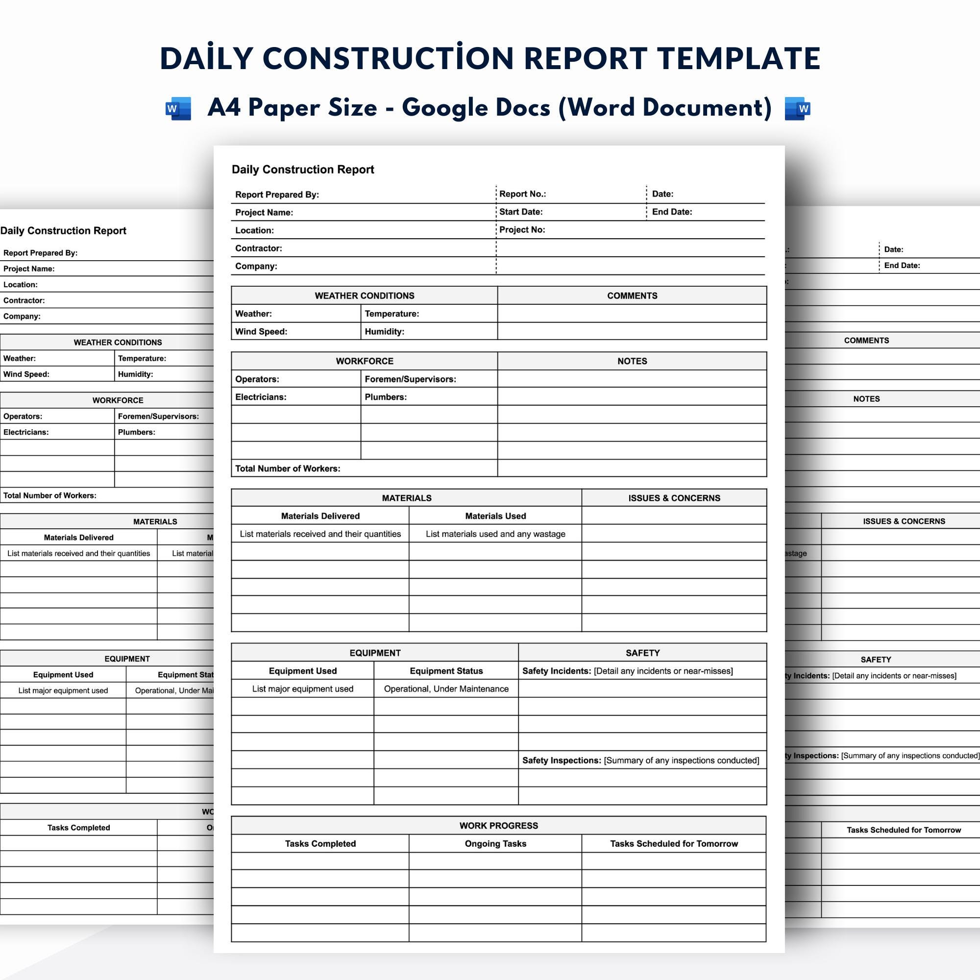 Daily Construction Report Template, Google Docs (word Document) - Etsy