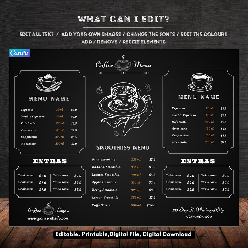 Coffee Menu Board Template, Cafe Menu, Editable, Printable and ...