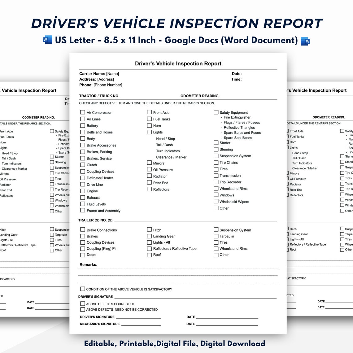 Driver's Vehicle Inspection Report Template, Detailed Driver's Vehicle ...