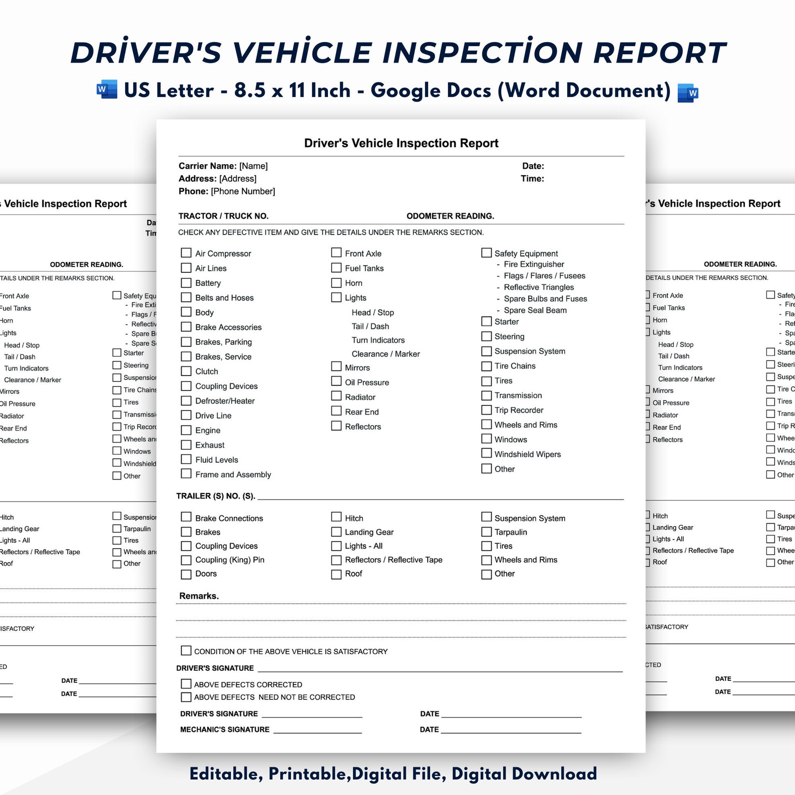Driver's Vehicle Inspection Report Template, Detailed Driver's Vehicle ...