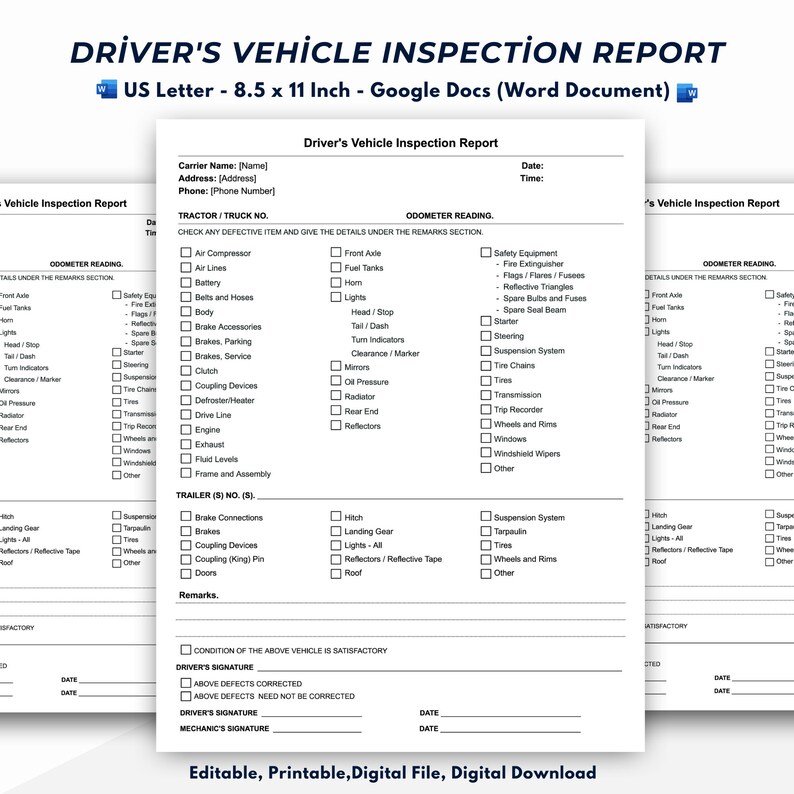 Driver's Vehicle Inspection Report Template, Detailed Driver's Vehicle ...