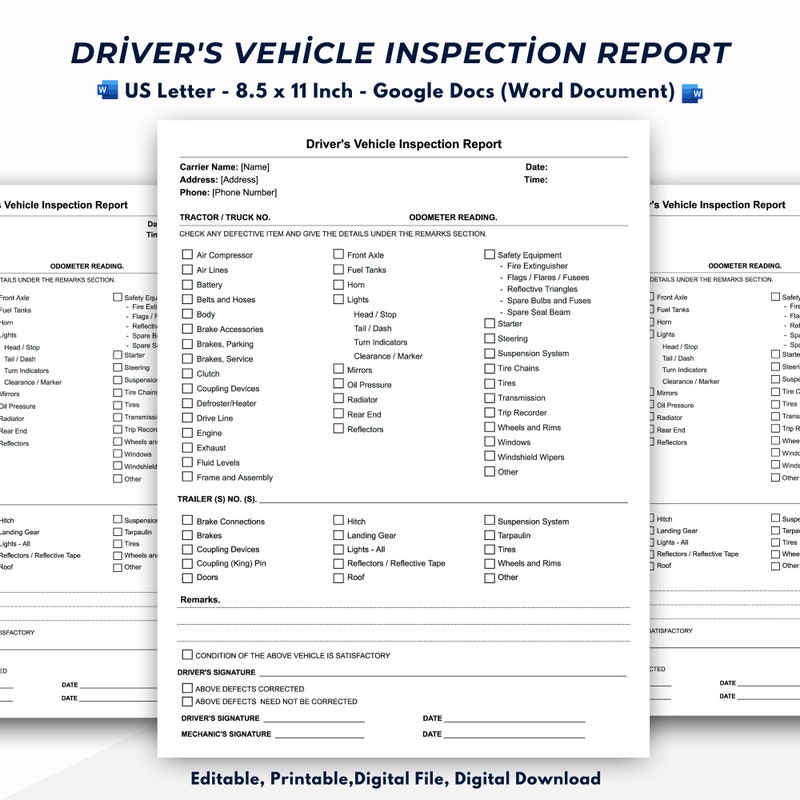 Vehicle Inspection Report Template - Etsy