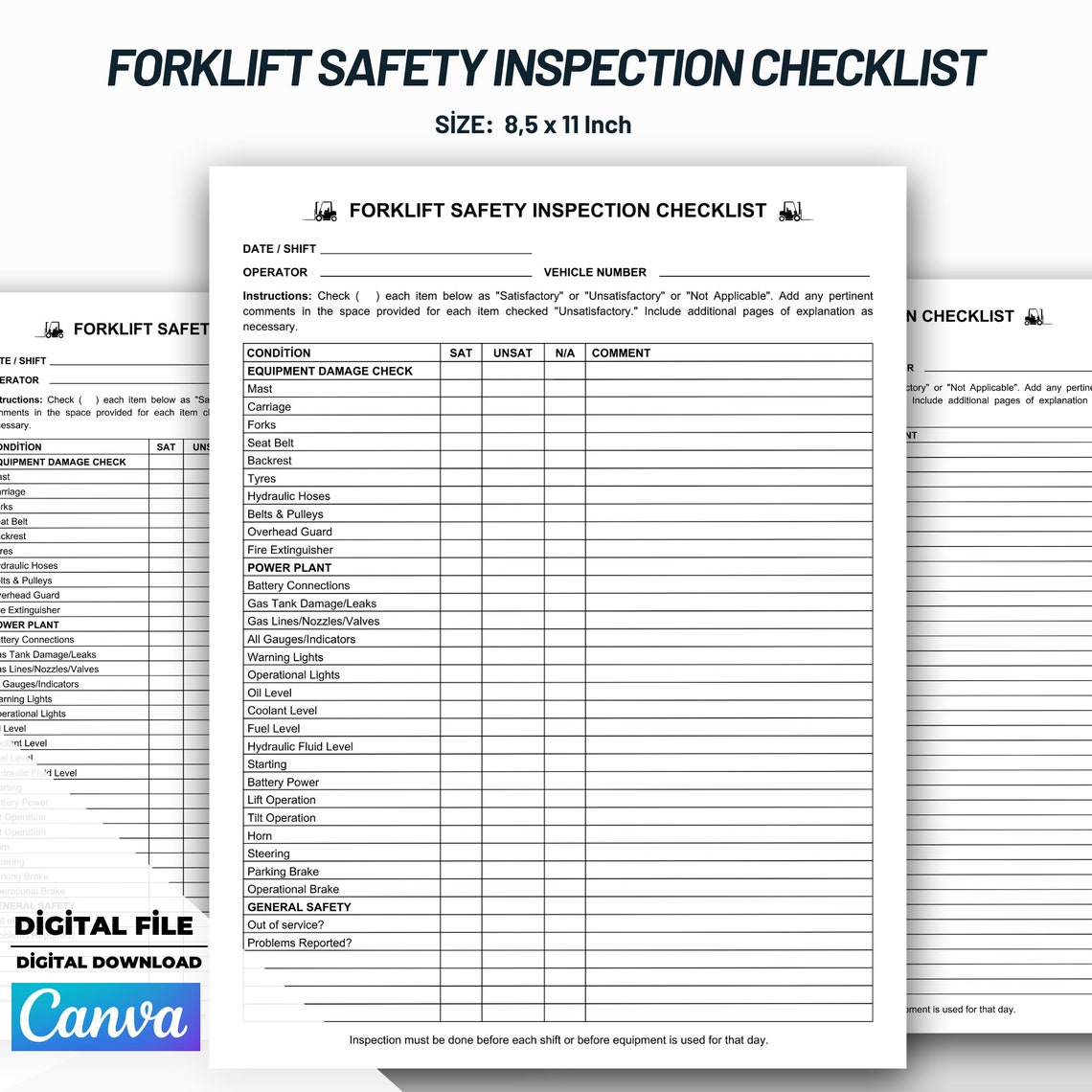 Forklift Safety Inspection Checklist Template Digital Download - Etsy