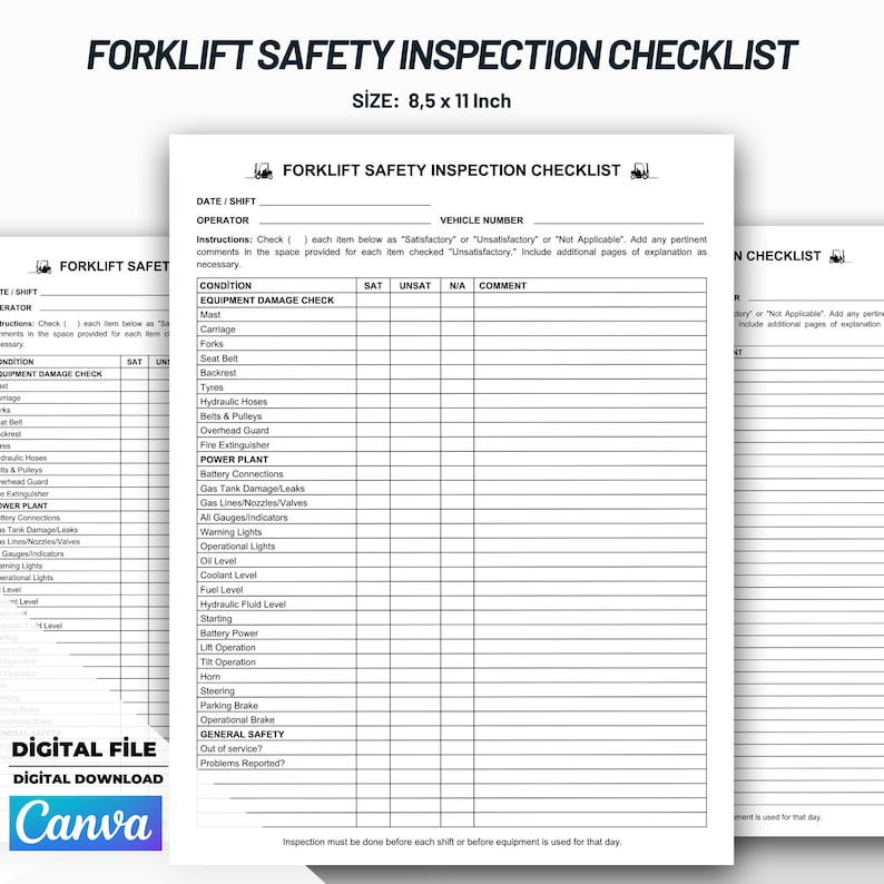 Forklift Safety Inspection Checklist Template Digital Download - Etsy ...