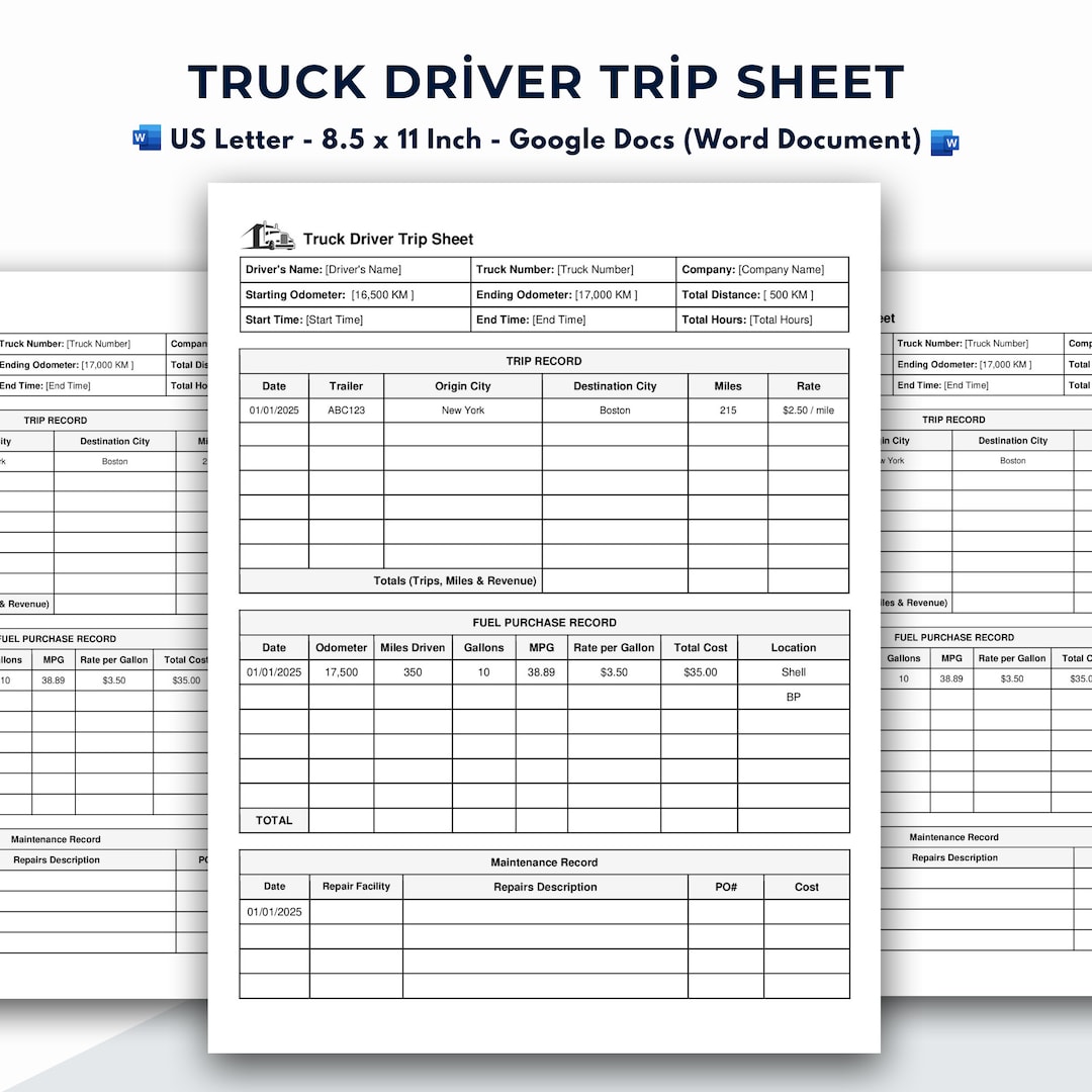 Truck Driver Trip Sheet Template, Google Docs (word Document), Digital ...