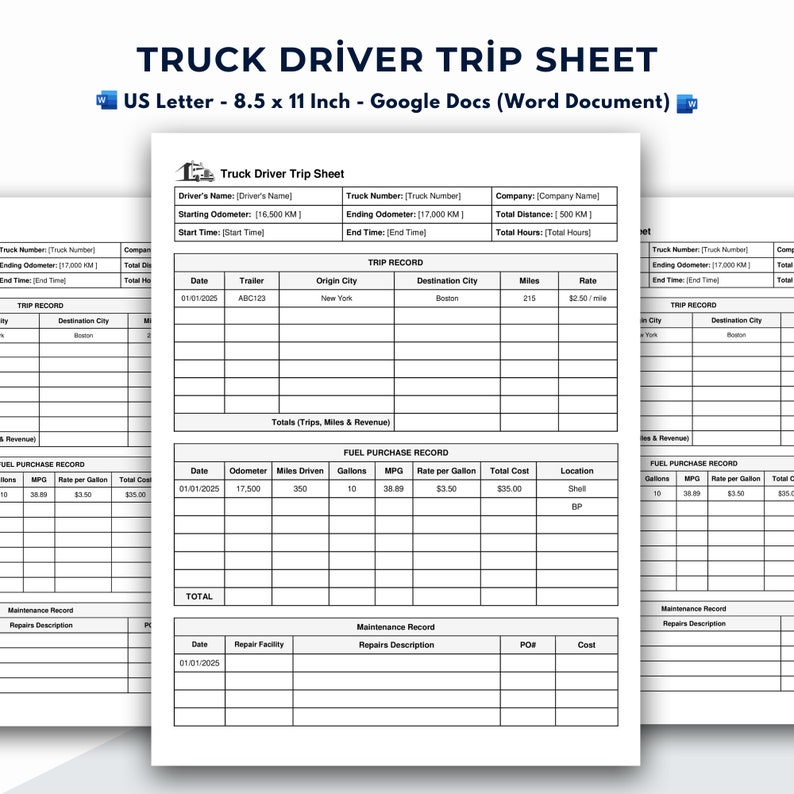 Truck Driver Trip Sheet Template, Google Docs (word Document), Digital ...