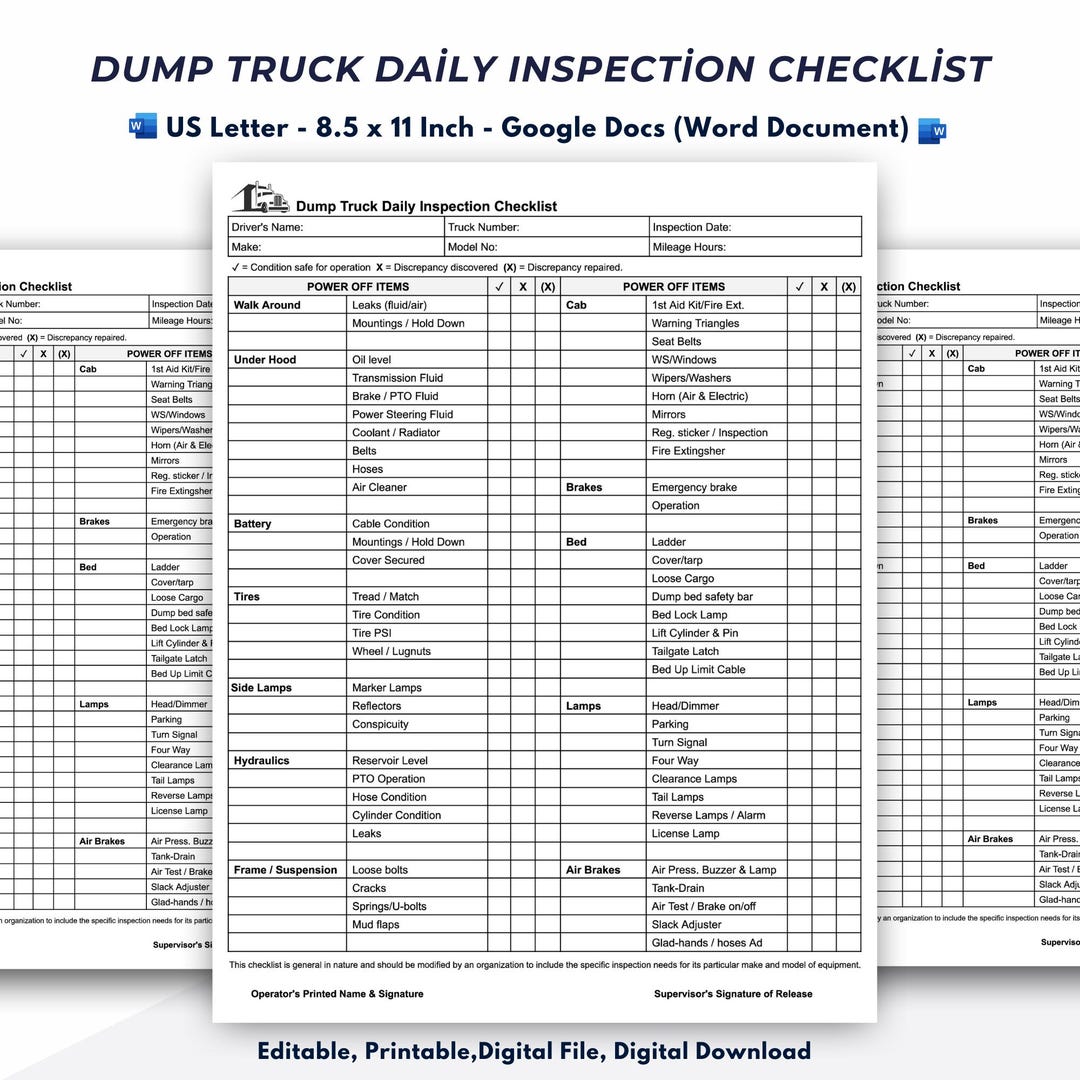 Dump Truck Daily Inspection Checklist Template, Google Docs (word ...