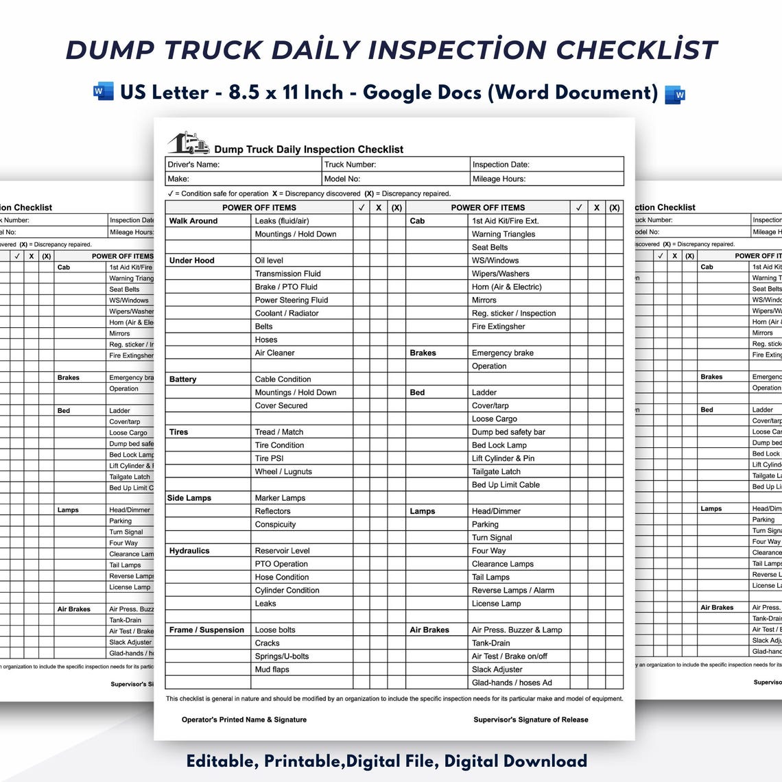 Dump Truck Daily Inspection Checklist Template, Google Docs (word Document) - Etsy