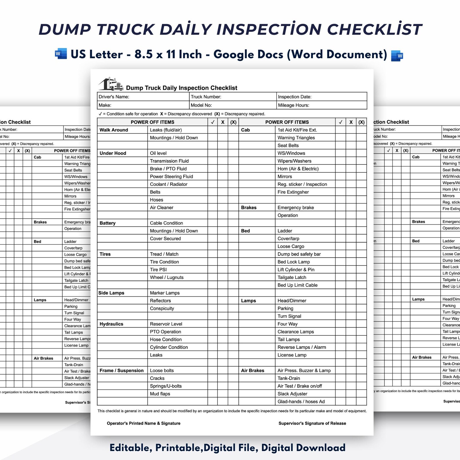 Dump Truck Daily Inspection Checklist Template, Google Docs (word ...