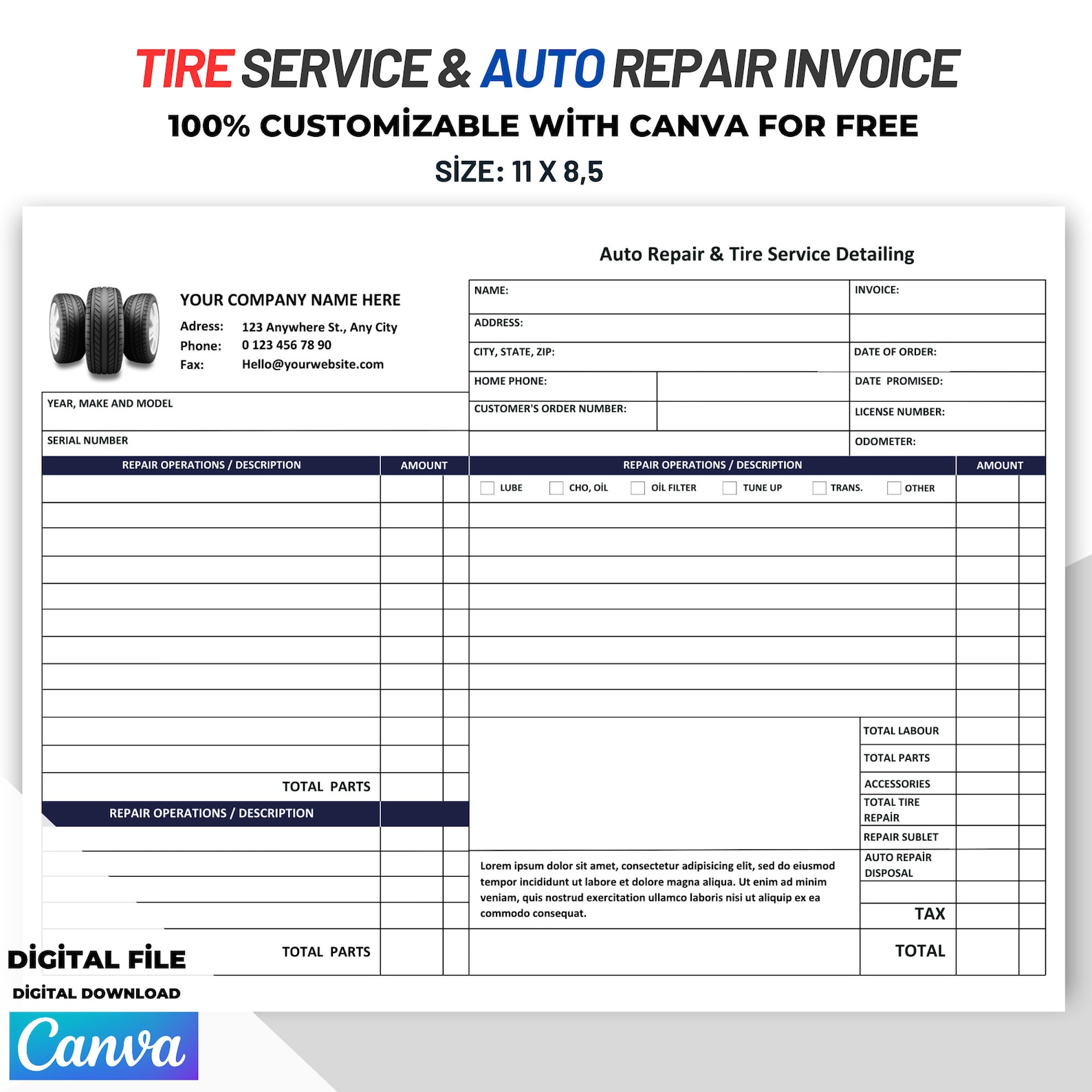 Tire Service & Auto Repair Invoice, Automotive Service Invoice Template ...