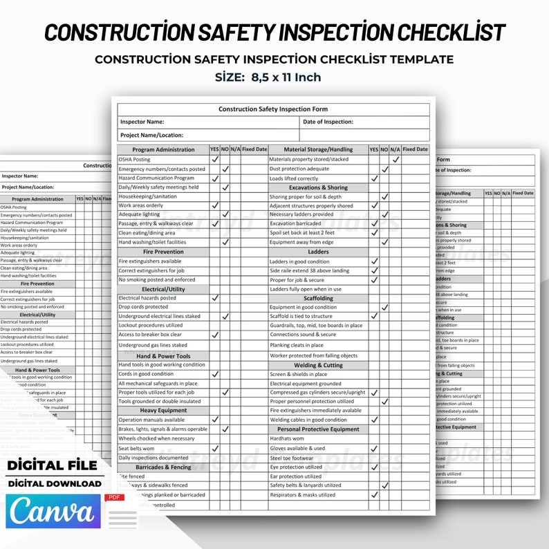 Construction Safety Inspection Form Workplace Safety Checklist - Etsy