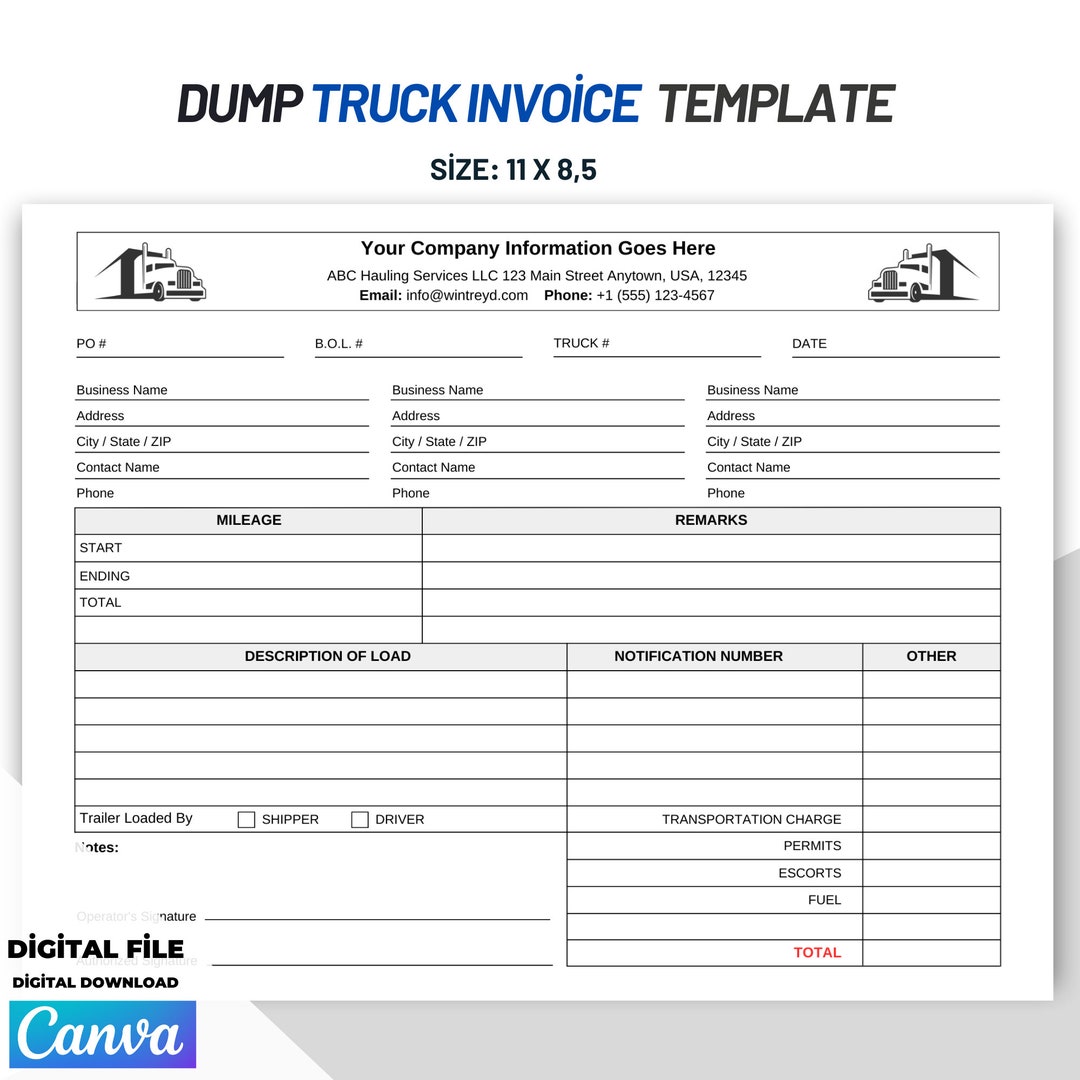 Dump Truck Invoice Form Template Digital Download - Etsy