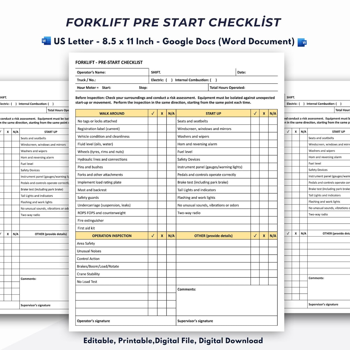 Forklift Pre-start Checklist Template, Google Docs (word Document ...