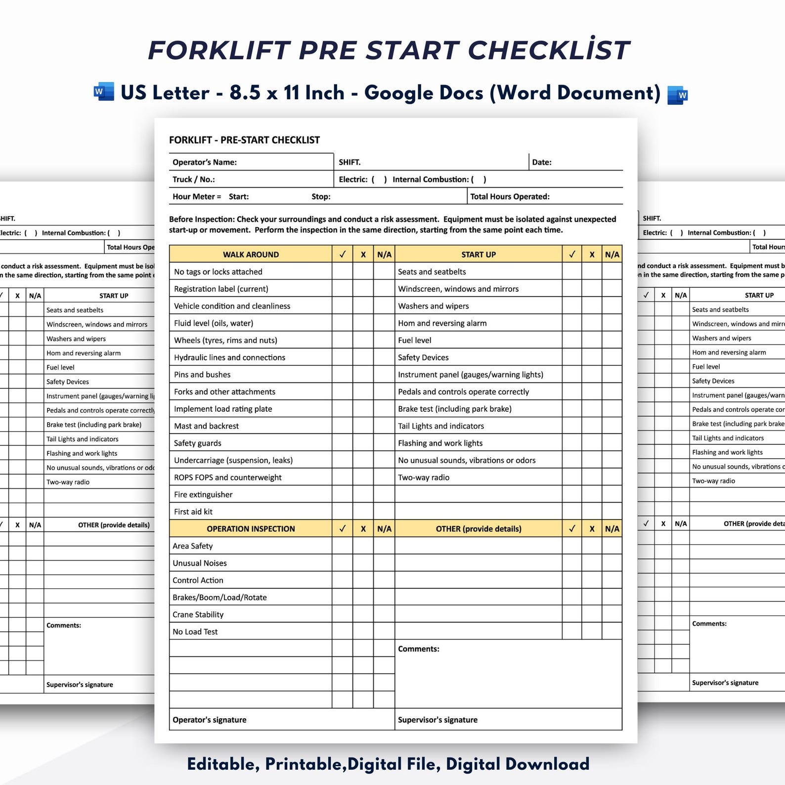 Forklift Pre-start Checklist Template, Google Docs (word Document ...