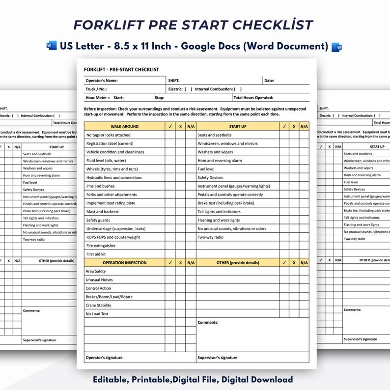 Forklift Pre-start Checklist Template, Google Docs (word Document) - Etsy