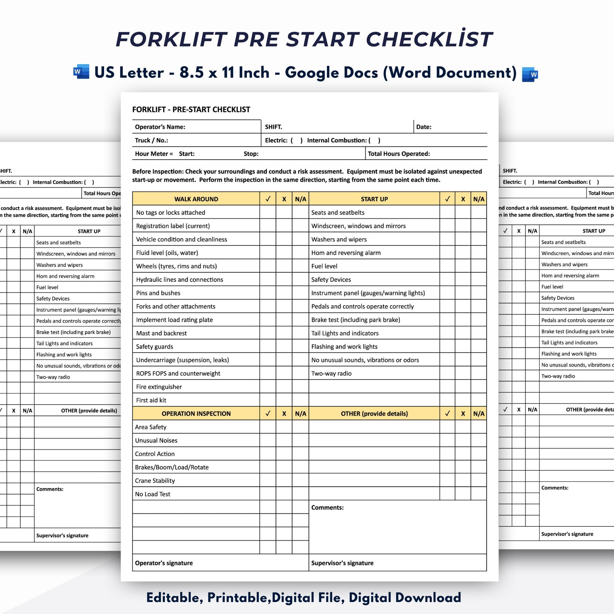 Forklift Pre-start Checklist Template, Google Docs (word Document ...