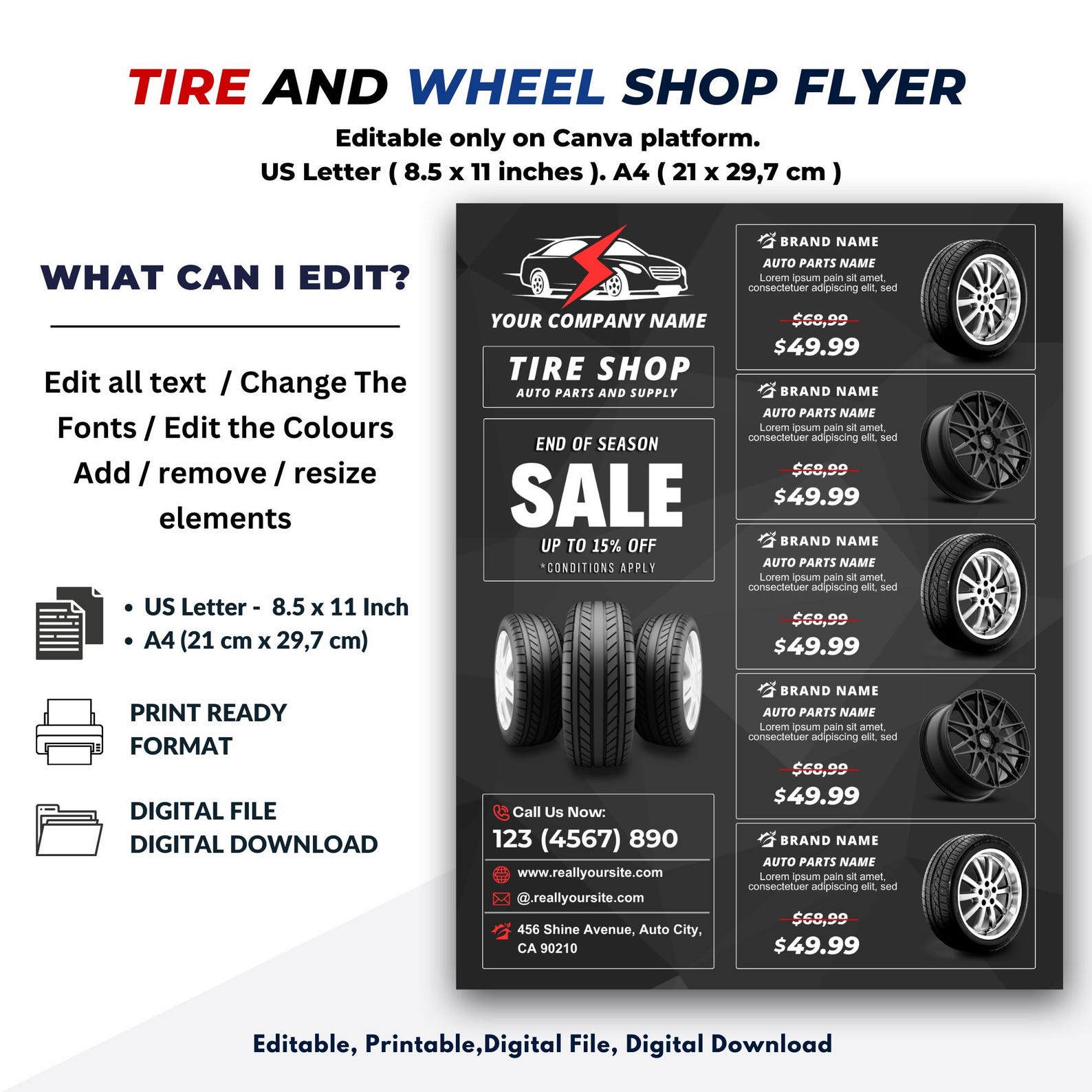 Tire and Wheel Shop Flyer Template, Editable & Printable Design, Tire ...