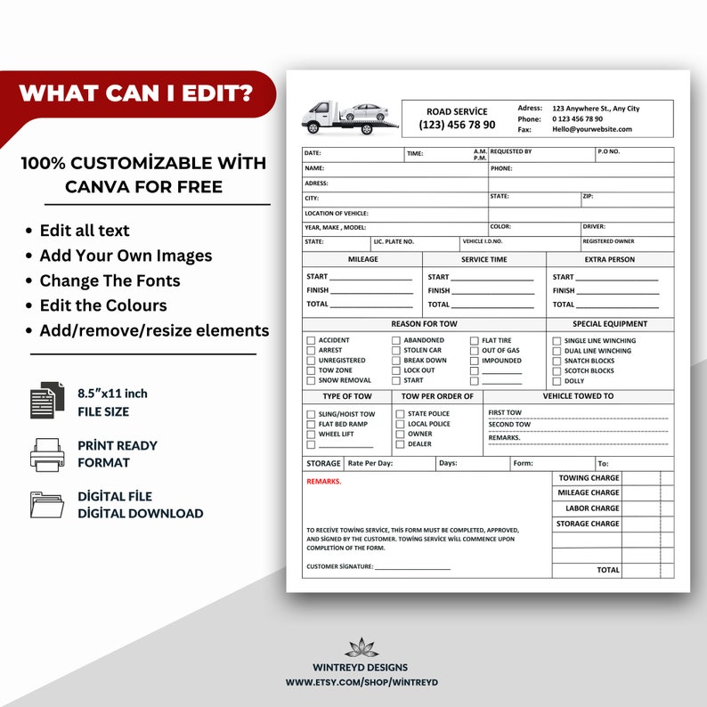 Road Service Invoice Template: Towing Register Form (canva Editable ...