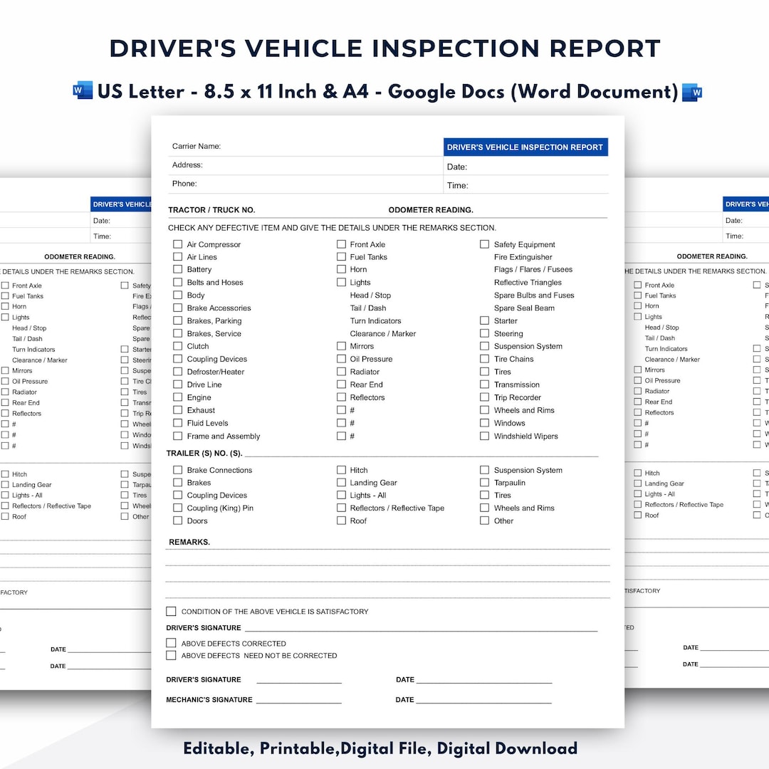 Driver's Vehicle Inspection Report Template, Detailed Driver Forms ...