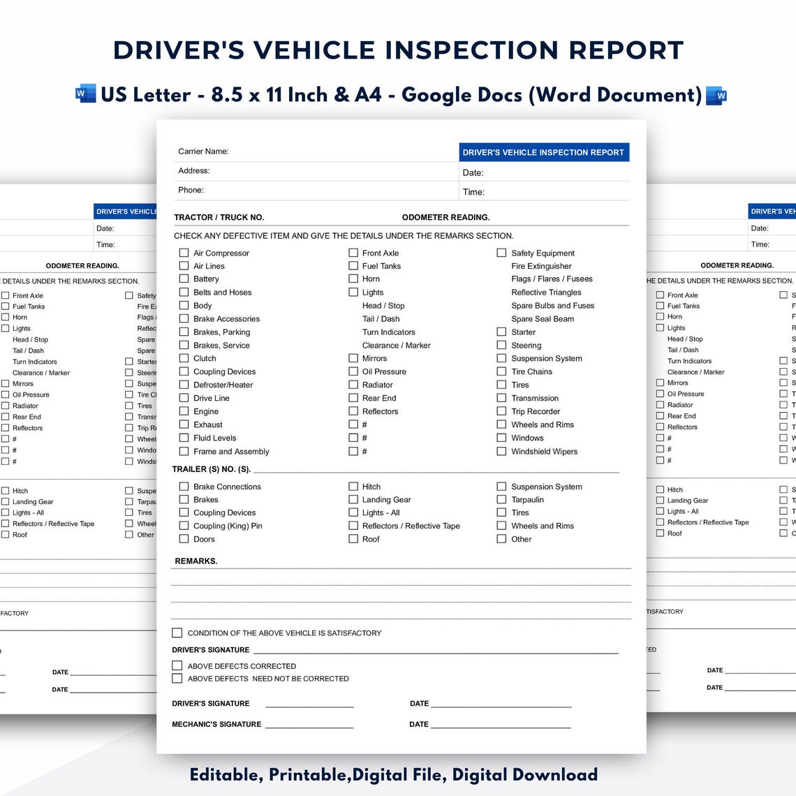 Driver's Vehicle Inspection Report Template, Detailed Driver Forms ...