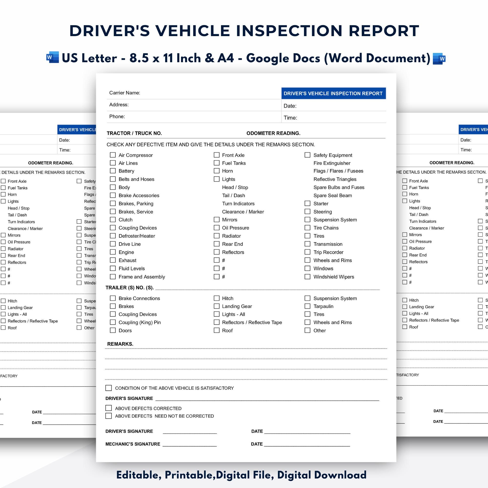 Driver's Vehicle Inspection Report Template, Detailed Driver Forms ...
