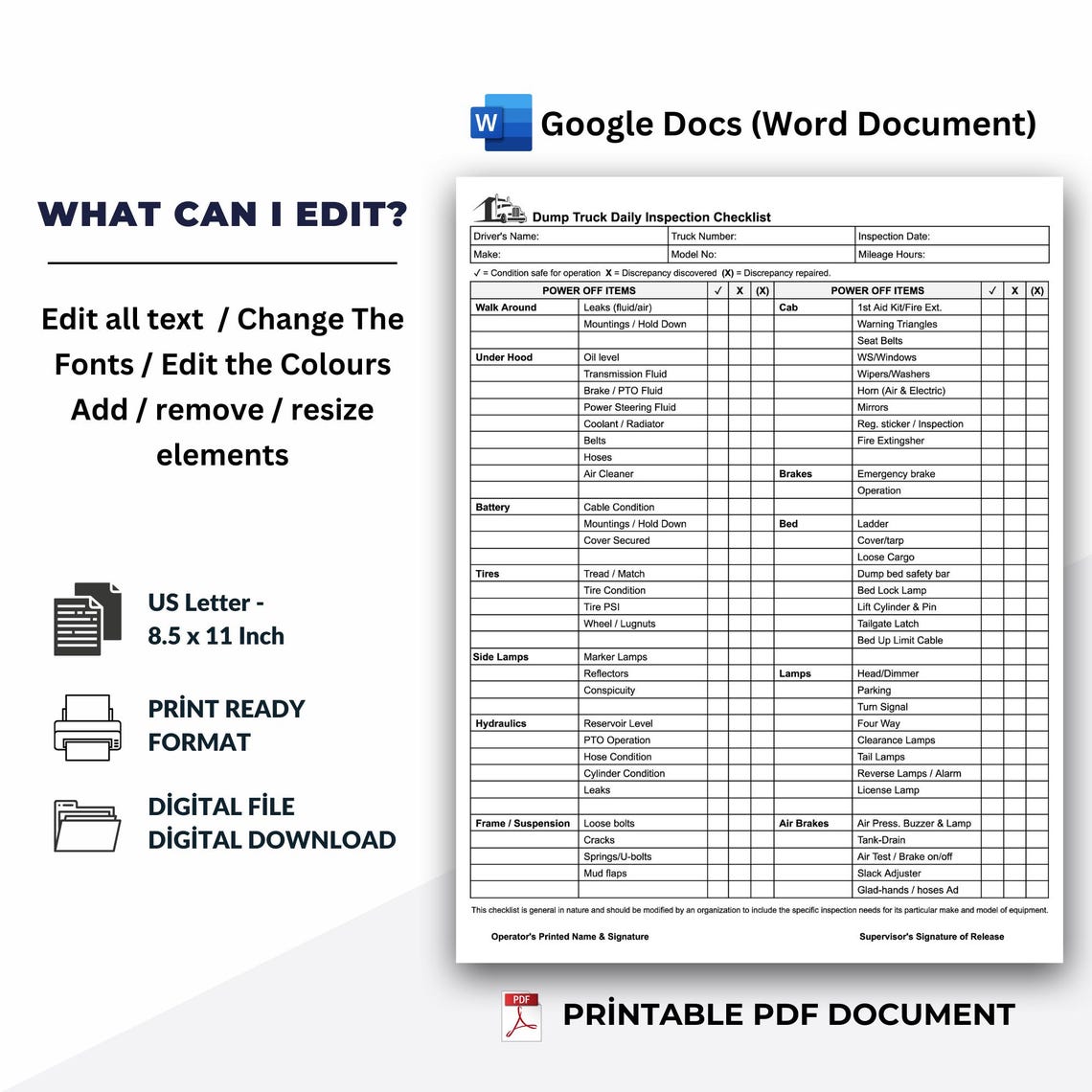 Dump Truck Daily Inspection Checklist Template, Google Docs (word ...