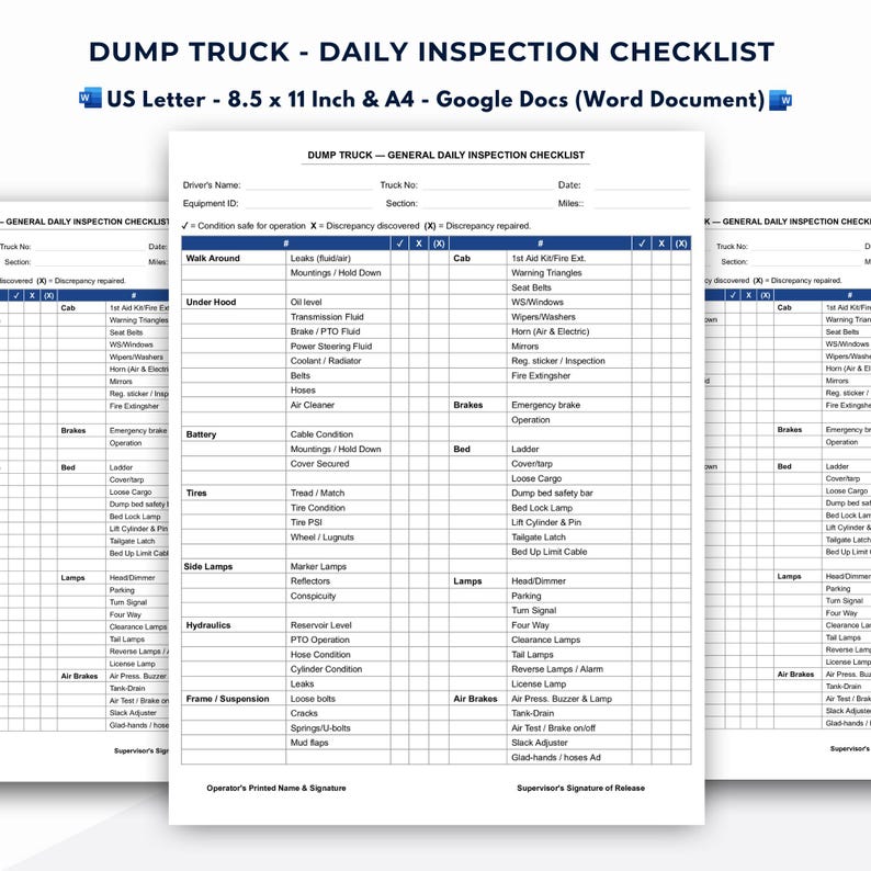 Dump Truck Daily Inspection Checklist Template, Google Docs (word ...