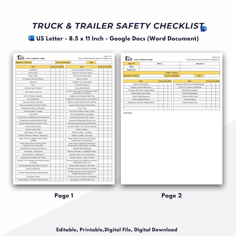 Truck and Trailer Safety Checklist Template, Google Docs (word Document ...