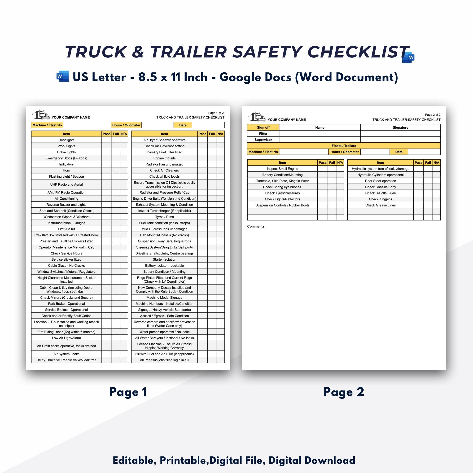 Truck and Trailer Safety Checklist Template, Google Docs (word Document ...