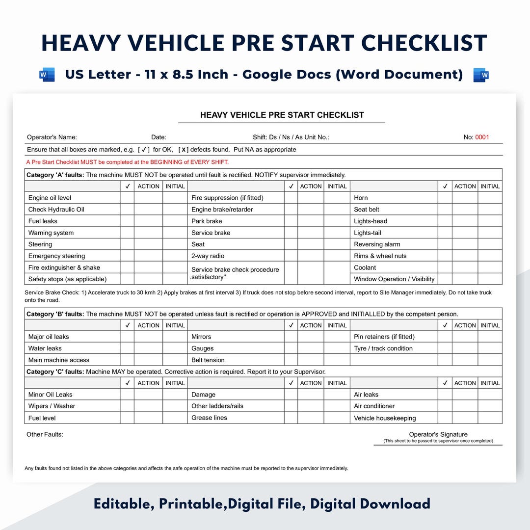 Heavy Vehicle Pre-start Checklist Template, Vehicle Pre-start Checklist ...