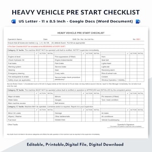 Heavy Vehicle Pre-start Checklist Template, Vehicle Pre-start Checklist ...