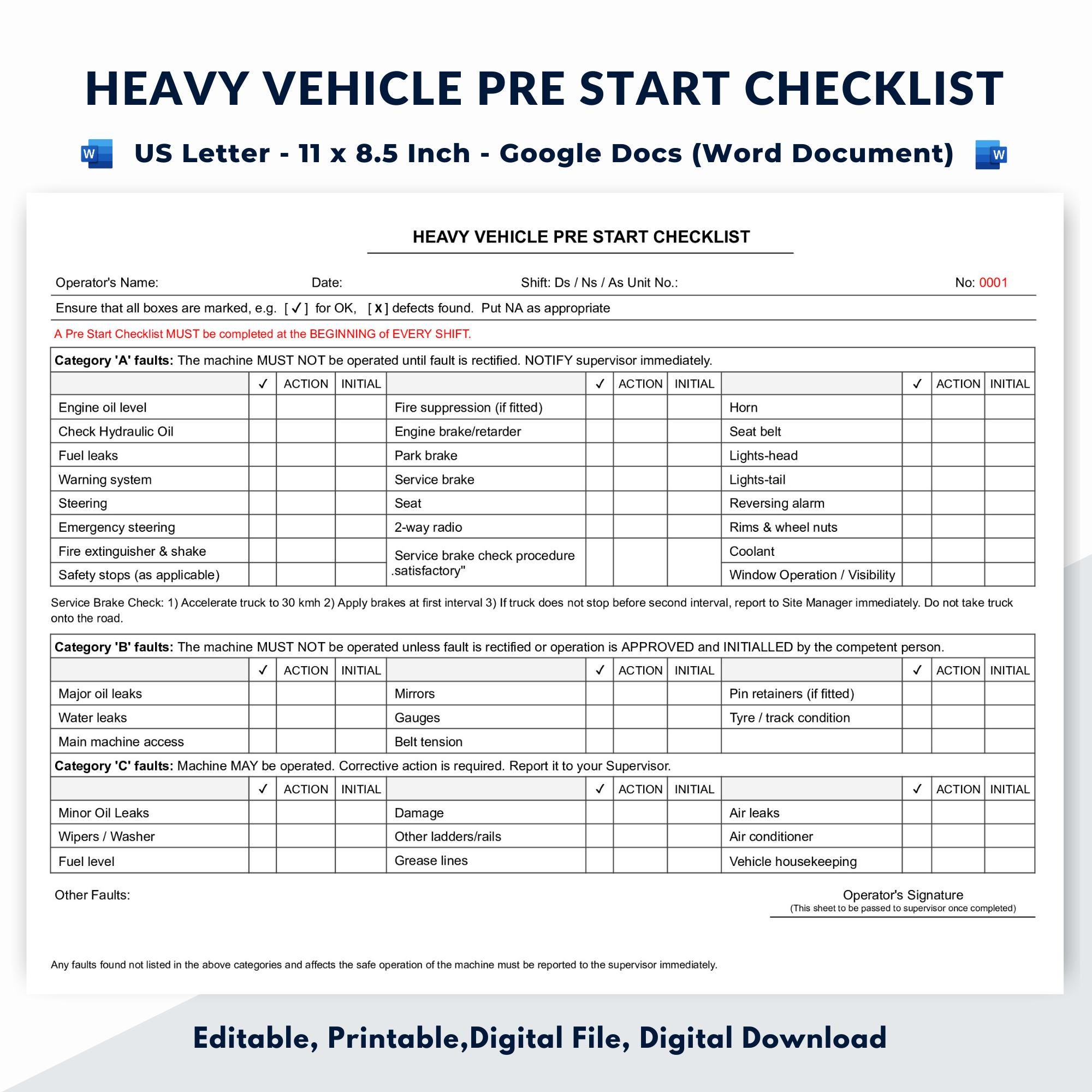 Heavy Vehicle Pre-start Checklist Template, Vehicle Pre-start Checklist ...