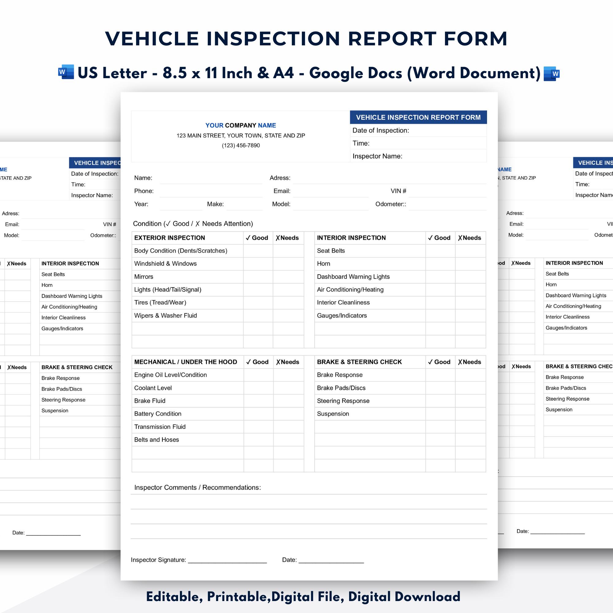 Vehicle Inspection Report Form Template, Google Docs (word Document) - Etsy