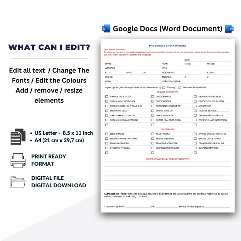 Auto Repair Check-in Sheet Template: Customer Service Record (digital ...