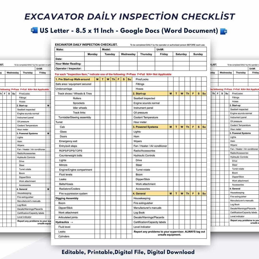 Excavator Daily Inspection Checklist Template (google Docs) - Etsy