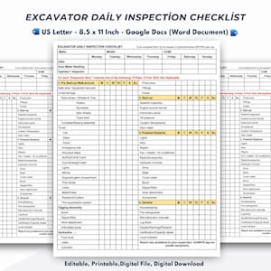 Excavator Daily Inspection Checklist Template (google Docs) - Etsy