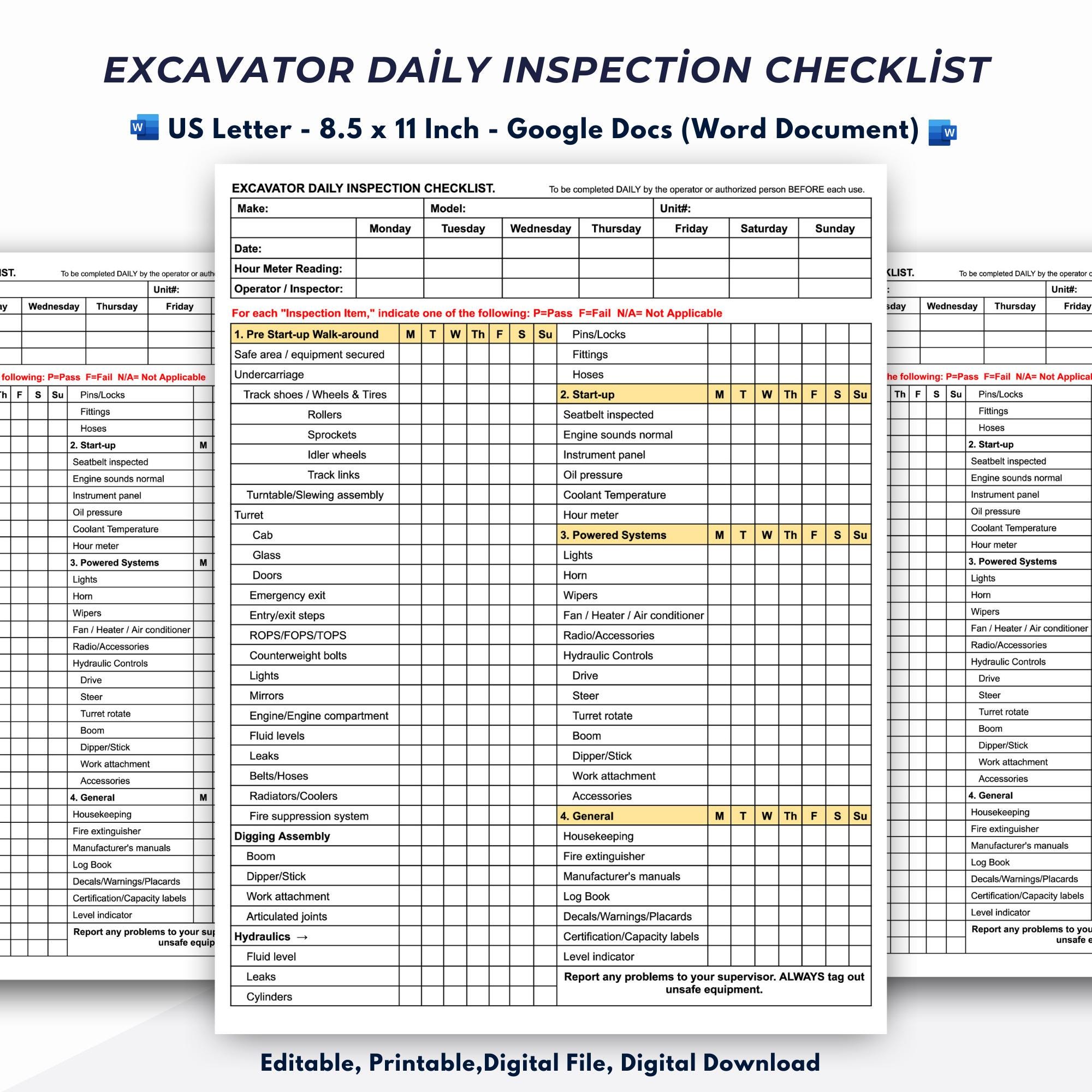 Excavator Daily Inspection Checklist Template (google Docs) - Etsy